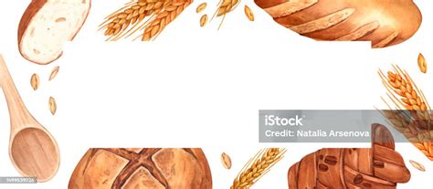 수채화 빵집 배경입니다 빵과 과자 수집 빵 집 수제 그림입니다 하얀 바탕에 고립된 유기농 신선한 밀 에코 음식을 그렸다 갈색에 대한 스톡 벡터 아트 및 기타 이미지 Istock
