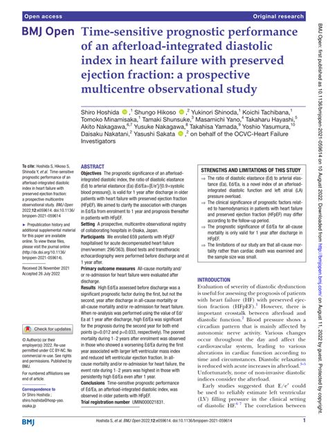 Pdf Time Sensitive Prognostic Performance Of An Afterload Integrated Diastolic Index In Heart
