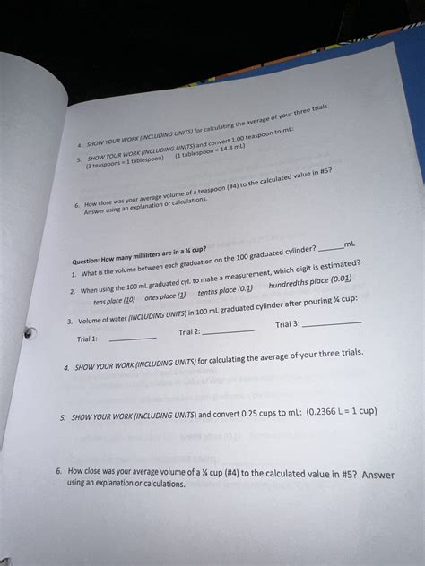 Solved Show Your Work Including Units ﻿for Calculating The