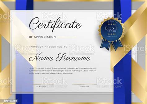 고급 배지와 현대적인 라인 패턴이있는 업적 국경 템플릿의 파란색과 금색 인증서 수상 비즈니스 및 교육 요구 사항 감탄에 대한 스톡 벡터 아트 및 기타 이미지 Istock