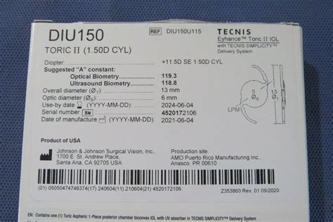 New Johnson And Johnson Ref Diu150u115 Tecnis Eyhance Toric Ii Iol With