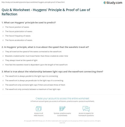 Quiz And Worksheet Huygens Principle And Proof Of Law Of Reflection