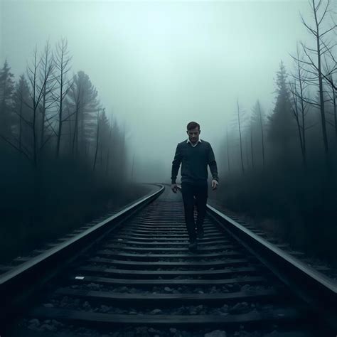 Mans Identity Selfdiscovery Walking On Railway Track Premium Ai Generated Image