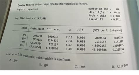 Question Given The Stata Output For A Logistic Regression As Follows Logistic Regression
