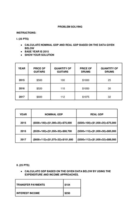 Nominal GDP AND REAL GDP PROBLEM SOLVING PROBLEM SOLVING INSTRUCTIONS I PTS CALCULATE