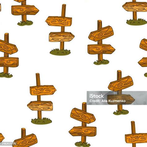 손으로 그린 도로 표지판이 있는 완벽 한 패턴 화살표가 있는 나무 간판 멋진 디자인 Fabris Textile에 대 한 만화 벡터 일러스트 레이 션 간판에 대한 스톡 벡터