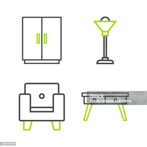 사무실 책상 안락 의자 플로어 램프 및 옷장 아이콘을 설정하십시오 벡터 가구에 대한 스톡 벡터 아트 및 기타 이미지 가구