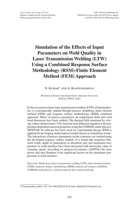 Pdf Simulation Of The Effects Of Input Parameters On Weld Quality In Laser Transmission
