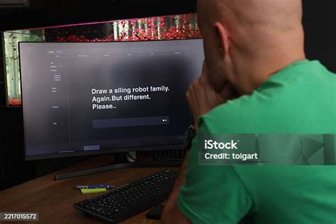 데스크톱에서 Ai 비서와 상호 작용하는 남자 로봇 가족 일러스트레이션을 생성하기 위해 창의적인 프롬프트를 입력합니다 Ai 프롬프트에 대한 스톡 사진 및 기타 이미지 Istock