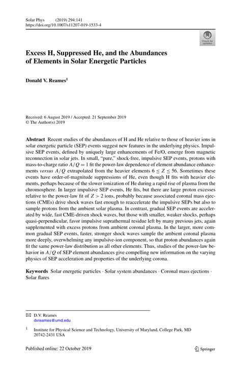 Pdf Excess H Suppressed He And The Abundances Of Elements In Solar Energetic Particles