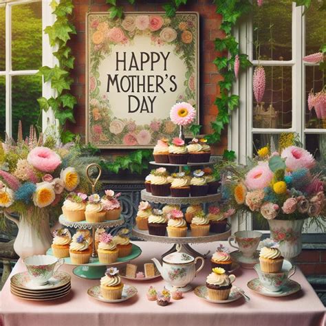Happy Mothers Day Afternoon Tea With Cupcakes And Flowers Mothers