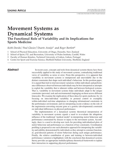 Pdf Movement Systems As Dynamical Systems The Functional Role Of Variability And Its
