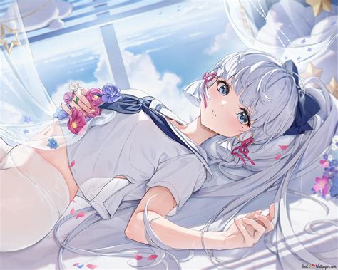 Sweet Innocent Anime Girl Kamisato Ayaka Lying Over A Bed Genshin 4k