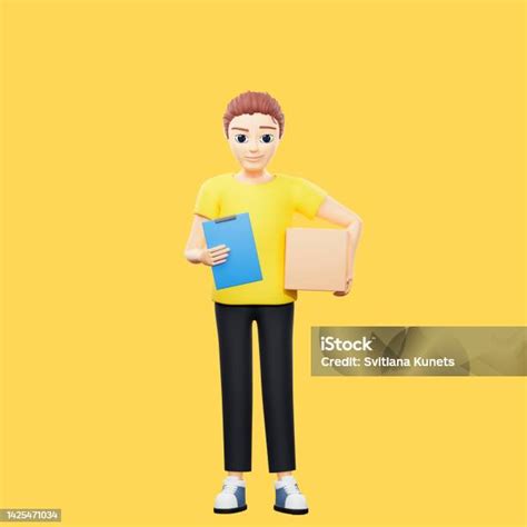 인간의 래스터 그림은 그의 손에 상자와 체크리스트를 가지고 있습니다 노란색 티셔츠를 입은 젊은 남자는 로더로 일하고 소포 우편 배달 구매 테블릿 패키지를 배달합니다 3d