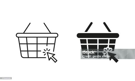 E 커머스 라인과 실루엣 아이콘 세트 클릭 포인터 표시가 있는 바구니 온라인 슈퍼마켓 인터넷 식료품점 픽토그램 쇼핑백 기호입니다 편집 가능한 획 고립된 벡터 삽화 가방에
