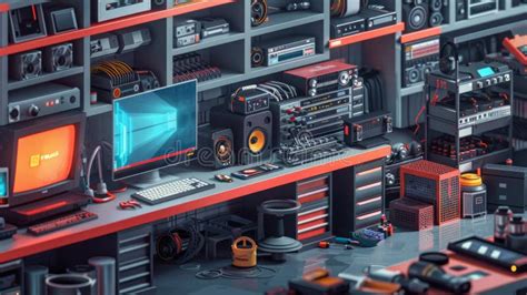 A Cluttered Workspace With A Computer Shelves Filled With Electronics And Various Cables And