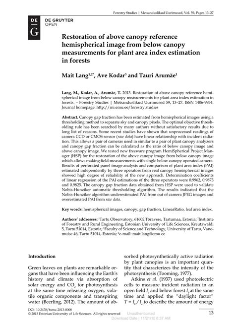 Pdf Restoration Of Above Canopy Reference Hemispherical Image From Below Canopy Measurements