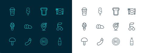 세트 라인 접시 포크와 나이프 가지 닭 다리 배너 바이오 계란 빵 토스트 커피 컵 이동 및 아이스크림 아이콘 벡터 건강한 생활