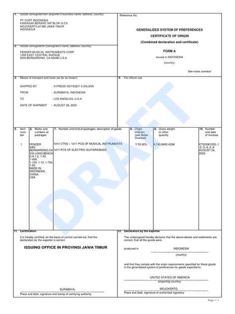 Generalized System Of Preferences Certificate Of Origin Combined Declaration And Certificate