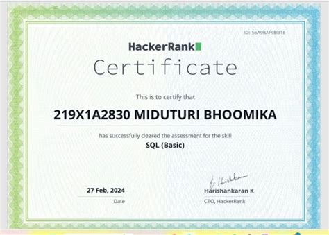 Passed Sql Basic On Hackerrank Miduturi Bhoomika Posted On The Topic