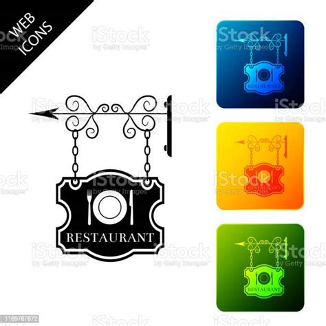 텍스트 레스토랑과 칼 붙이 접시 포크 칼 아이콘 격리 빈티지 간판 옥외 광고 레스토랑 간판입니다 설정 아이콘 다채로운 사각형 버튼 벡터 일러스트레이션 검은색에 대한 스톡