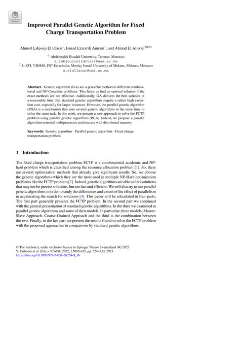 Pdf Improved Parallel Genetic Algorithm For Fixed Charge