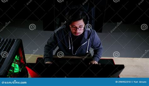 Computer Night Gamer And Man Playing Typing Or Control Online Simulation Game Cyber Action Or