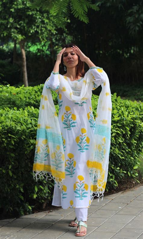 Cotton Handblock White And Yellow Mughal Print Suit Set With Kota Doria