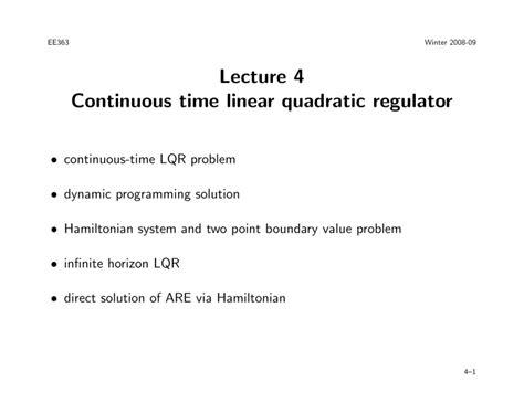 Continuous Time Lqr Dynamic Programming And Hamiltonian