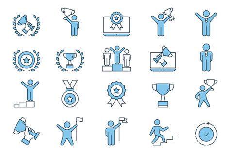 성공 세트 아이콘입니다 챔피언 아이콘 우승자 승리 성공 트로피 보유 화환 축하 등이 포함되어 있습니다 플랫 라인 아이콘 스타일 디자인입니다 간단한 벡터 디자인 편집 가능
