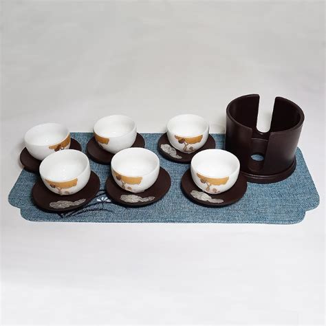 원통 연잎 5인 찻잔 차탁 세트 해성도자기