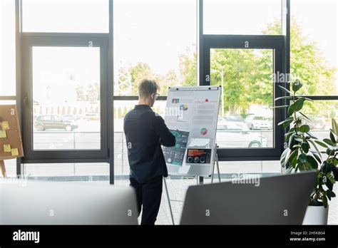 Programmer Looking At Charts On Flip Chart Near Blurred Computers In