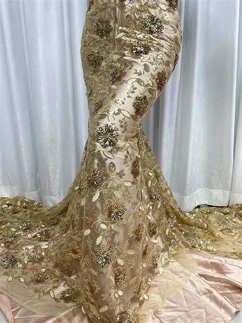 아프리카 레이스 패브릭 가벼운 골드 프렌치 그물 스팽글 바느질 자수 얇은 명주 나이지리아 5 야드 티몬