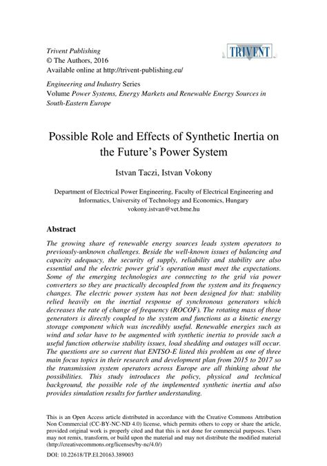 Pdf Possible Role And Effects Of Synthetic Inertia On The Futures