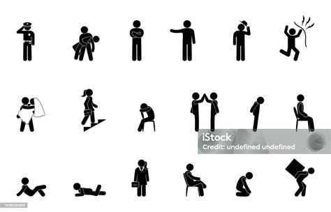 스틱 피겨 맨 아이콘 다양한 포즈와 상황의 사람들 인간 실루엣 세트 가지 식물 부위에 대한 스톡 벡터 아트 및 기타 이미지 가지 식물 부위 개념 개체 그룹 Istock