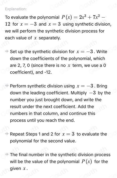 Solved Evaluate The Polynomial For The Given Value By Using Synthetic Division P X 2x 3 7x 2
