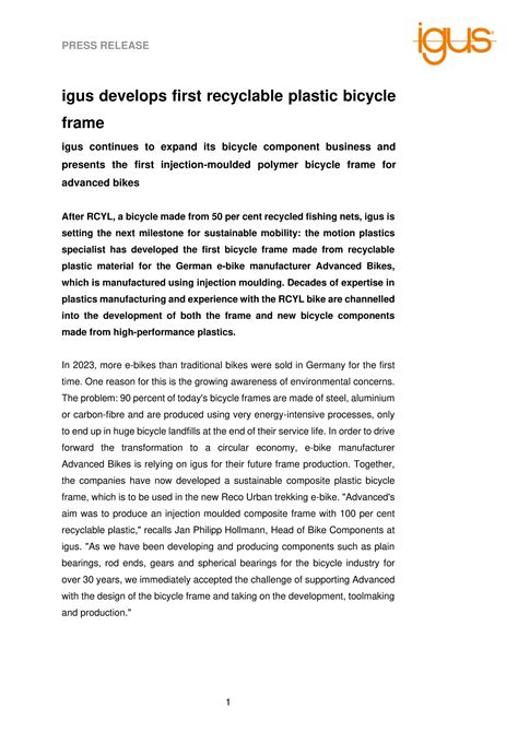 Igus Develops First Recyclable Plastic Bicycle Frame Press International