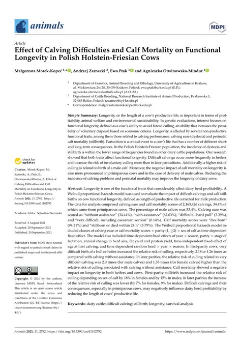 Pdf Effect Of Calving Difficulties And Calf Mortality On Functional Longevity In Polish