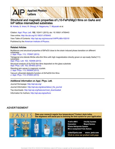 Pdf Structural And Magnetic Properties Of L10 Fepd Mgo Films On Gaas And Inp Lattice