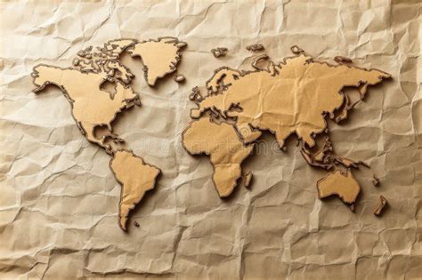 world map made of cardboard with an empty space neutral aged paper