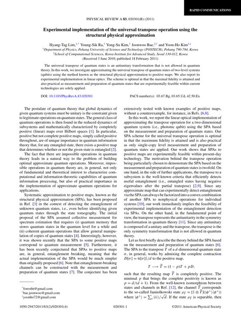 Pdf Experimental Implementation Of The Universal Transpose Operation