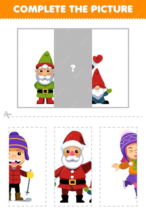 어린이를 위한 교육 게임은 귀여운 만화 난쟁이와 산타의 인쇄 가능한 겨울 워크시트의 올바른 그림을 자르고 완성합니다 프리미엄 벡터