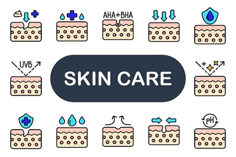 스킨 케어 세트 아이콘입니다 보습 보호 각질 제거 Uv 수분 공급 Aha Bha 장벽 Ph 노화 방지 수리 진정 클렌징 여드름 윤기 트리트먼트 스킨케어 미용 불타는 듯한에