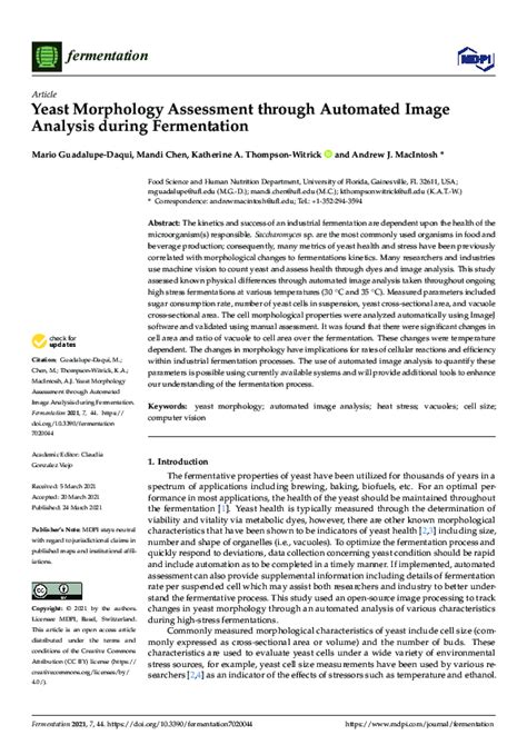 Pdf Yeast Morphology Assessment Through Automated Image Analysis During Fermentation