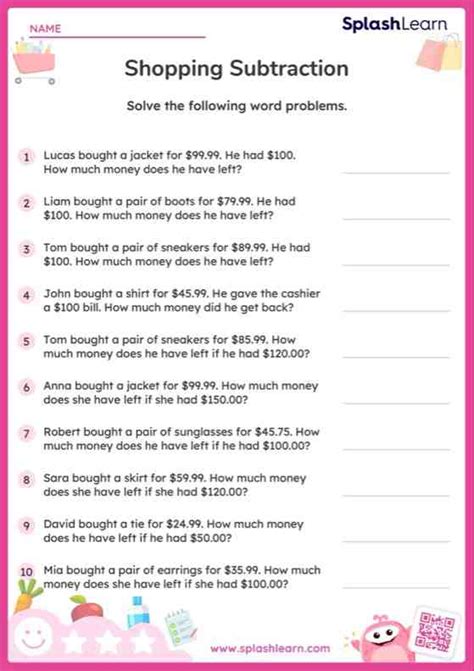 Subtract Decimal Numbers With 2 Decimal Place Shopping Word Problems — Printable Math Worksheet