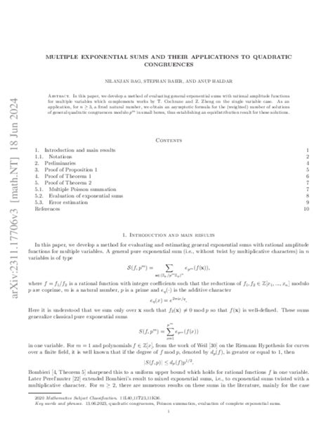 Pdf Multiple Exponential Sums And Their Applications To Quadratic Congruences