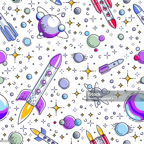 우주 로켓 행성 및 별 완벽 한 배경 어린이 끝 없는 알려지지 않은 갤럭시 우주 환상적이 고 재미 있는 섬유 직물 그림 만화 모티브 벡터 패턴 타일 경외감에 대한 스톡 벡터