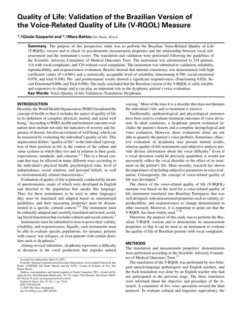 Pdf Quality Of Life Validation Of The Brazilian Version Of The Voice Related Quality Of Life