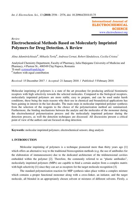 Pdf Electrochemical Methods Based On Molecularly Imprinted Polymers For Drug Detection A Review