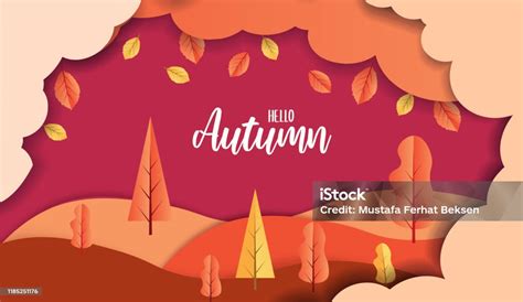 Pohon Dan Daun Di Awan Dan Header Iklan Hello Autumn Atau Desain Spanduk Potongan Kertas Dan